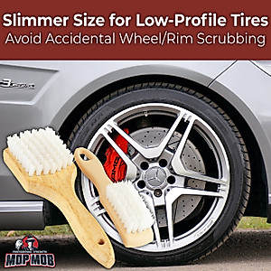 Ergonomic, Pro-Grade Tire Scrubbing Brushes 2 Pack. Easily Scrub Without Scratching Rims or Wheels, Even on Low Profile Sidewalls. Durable Bristles are Great for Floor Mats, Tires, or Home Cleaning!