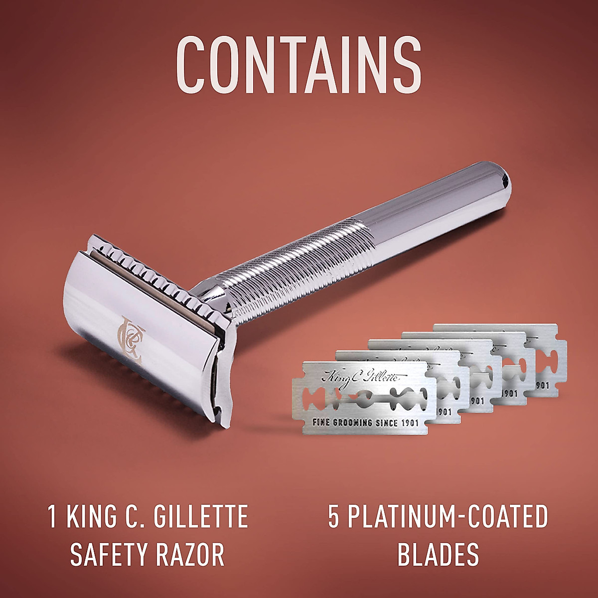 King C. Gillette Safety Razor with Chrome Plated Handle and 5 Platinum Coated Double Edge Safety Razor Blade Refills with Double Edge Safety Razor Blade Refills, 10ct