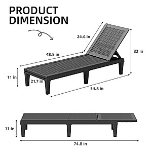 Greesum Outdoor Chaise Lounge Chairs Set of 2 with Adjustable Backrest, Waterproof PE Easy Assembly, Lightweight for Patio, Poolside, Beach, Yard, Dark Black