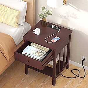 Homykic Nightstand with Charging Station, Bamboo Nightstands Sets of 2, Wood Bedside Table with USB Ports and Outlets, End Table Side Table with Drawer and Storage Shelf for Bedroom, Espresso