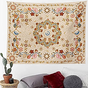 TTYQXZ Wall Tapestry Bohemian - Floral Vine Wall Hanging Celestial Sun Moon and Star Tapestries Hippie Home Decor Boho Tapestry for Bedroom Aesthetic (Cream, Medium (50ʺx 60ʺ))