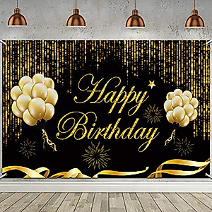 6 x 3.6ft Happy Birthday Party Backdrop Banner, Large Fabric Washable Glitter Sign Poster Background for 30th 40th 50th 60th 70th 80th Birthday Party Supplies Decorations (Black Gold)