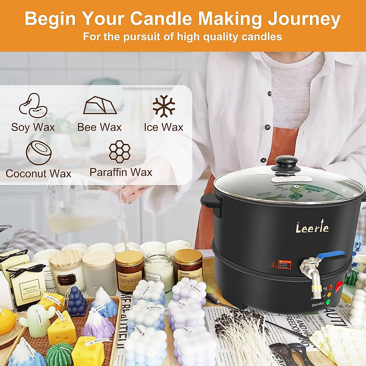 Leerie 8Qts /16Lbs Wax Melter for Candle Making, L8 Large Electric Wax Melting Pot of Wax, Soy Wax Business Home Candle Making Kit with Heating Core Brass Spout & Temp Control