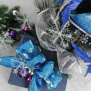 VATIN Christmas Ribbon,Wired Holiday Party Ribbons Assorted Snowflake Dot Holly Star Patterns Decorations, Swirl Sheer Glitter Ribbon 36 Yards (2.5" Width x 6Yard Each Roll) -Blue/Silver