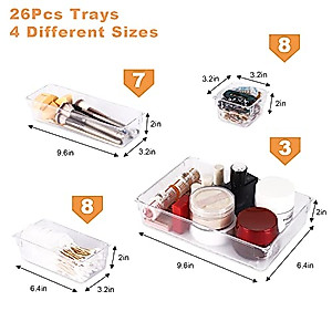 Fixwal 26pcs Clear Drawer Organizers Set 4 Size Plastic Bathroom Drawer Organizer Storage Bins Versatile Drawer Dividers Organizer Trays for Desk Makeup Vanity Dresser Office Kitchen