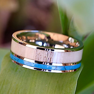 Kingsway Jewelry 2 pc Natural Deer Antler Ring with Turquoise Inlay Cubic Zirconia Engagement ring - Womens Wedding Ring Stainless Steel Sterling Silver Ring (9)