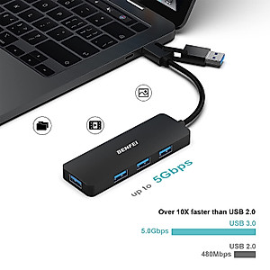 BENFEI USB 3.0 Hub, USB-C HUB, 2-in-1 USB Type-A/Type-C Hub with 4 USB 3.0 Ports Compatible for MacBook, Mac Pro, Mac Mini, iMac, Surface Pro, XPS, PC, Flash Drive, Mobile HDD