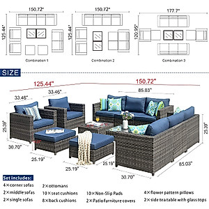 ovios Patio Furniture Set, 12 PCS Big Size Outdoor Furniture Set All Weather Rattan Wicker Sofa Sectional Set with Glass Table, Garden, Backyard, No Assembly Required (Grey-Denim Blue)