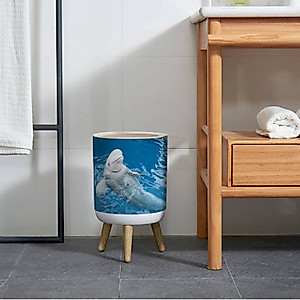 JWHFZMANPYK Round Trash Can with Lid Beluga Whale Press Top Recycle Bin Small Garbage Can Dog Proof Wastebasket Wooden Legs Bathroom Kitchen 7L/1.8 Gallon