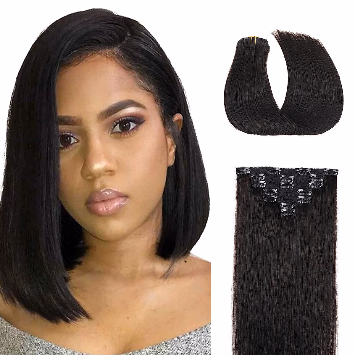 Clip In Extensions Human Hair,Double Weft Remy Hair 70g 7pcs Silky Straight 12 Inches #1B Natural Black Clip in Hair Extensions