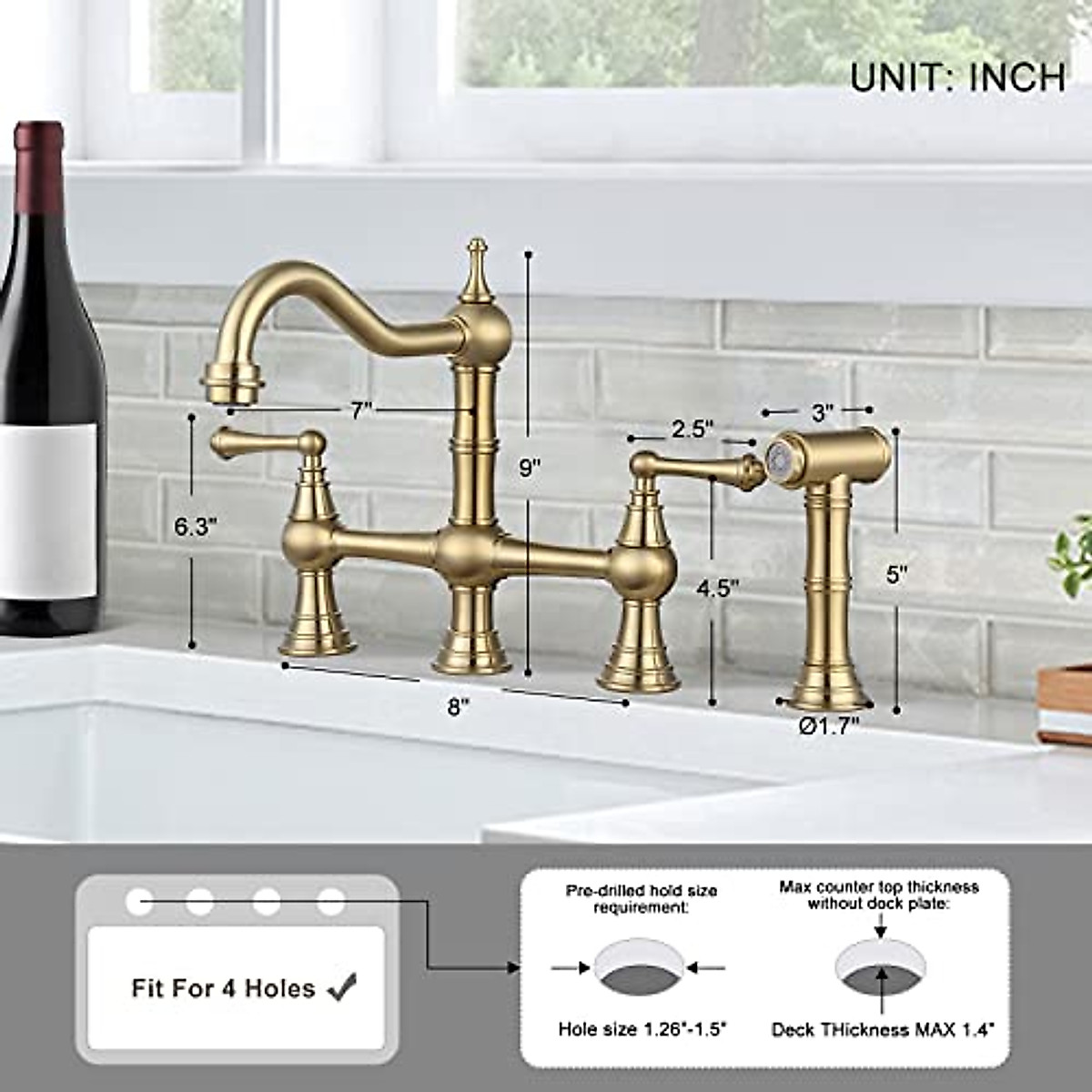 WOWOW Brass Kitchen Faucet Bridge with Side Sprayer, 4 Hole Kitchen Faucet 2 Handle 8 Inch Centerset Gold Faucet for Kitchen Sinks, Heritage Brushed Gold Kitchen Sink Faucet