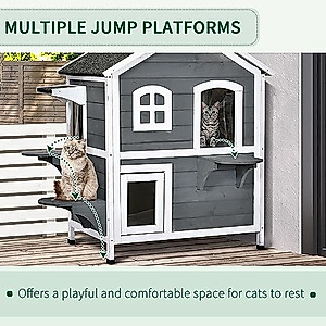 PawHut 2-Story Cat House Outdoor, Weatherproof Wooden Cat Enclosure for Feral Cats with Escape Door, Openable Roof, Jumping Platforms, Gray