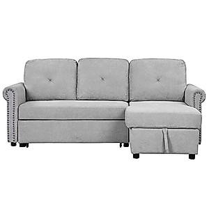 FANYE Convertible Sectional Sofa with Pull Out Sleeper Couch Bed and Reversible Storage Chaise, L-Shaped 3 Seater Corner Sofa&Couch W/Tufted Back for Home Office Apartment Living Room, Light Gray 83"