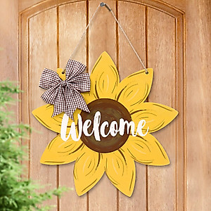 Sunflower Welcome Wood Door Hanger 12 Inch Large Wooden Flower Sign Inspirational Wall Porch Art Spring Summer Fall Front Door Wreath Hanging for Bedroom Living Room Indoor Outdoor Kitchen Home Decor