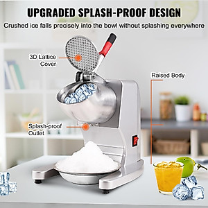 VEVOR Ice Crushers Machine, 220lbs Per Hour Electric Snow Cone Maker with 4 Blades, Stainless Steel Shaved Ice Machine with Cover and Bowl, 300W Ice Shaver Machine for Home and Commercial Use, Silver