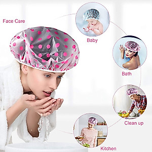 Waterproof Shower Cap,6Pcs Dot Plastic Shower Caps Reusable Elastic Large Shower cap for Women Long Hair