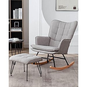 HOMMOW Nursery Rocking Chair with Ottoman, Comfortable Fabric Rocker Glider Chair with High Backrest,Grey Armchair Comfy Side Chair for Nursery Bedroom Living Room