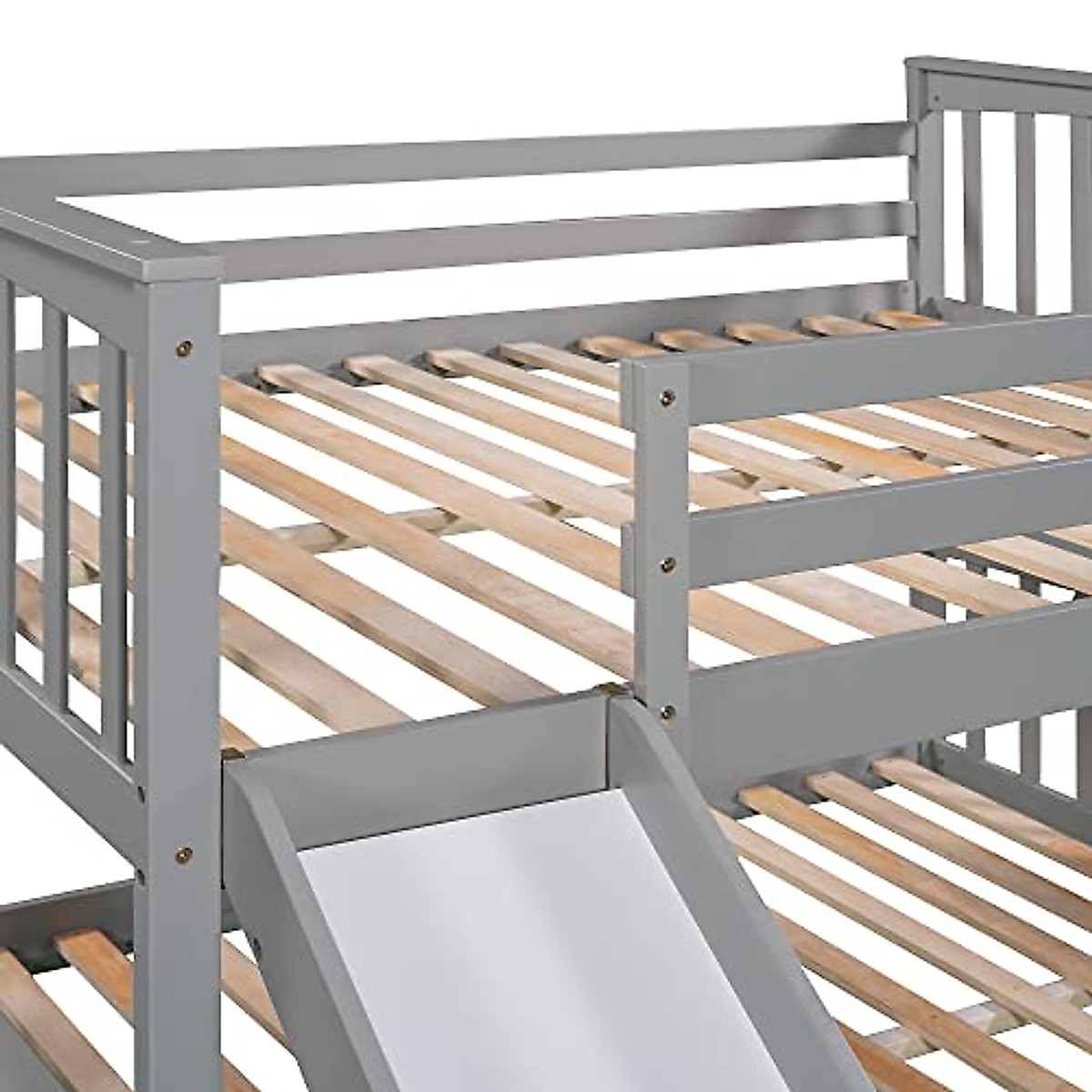 ERDAYE Full Over Full Bunk Bed with Slide and Ladder, Wood Bunkbed w/Safety Guardrails, Solid Slat Support Bedframe for Kids Teens, No Box Spring Needed, Grey