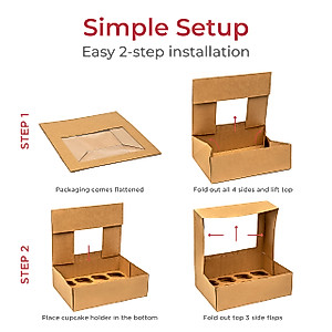 SMIRLY Cupcake Boxes 4 Count: Disposable Cupcake Containers 4 Count, Cupcake Holder with Lid, Cupcake Carrier, Bakery Boxes with Window, Pastry Boxes, Brown Cookie Boxes with Window Long Treat Boxes