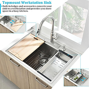 BoomHoze 33-inch Kitchen Sinks, 33x22 Drop In Kitchen Sink 304 Stainless Steel Sink Single Bowl Top Mount Workstation Kitchen Sink 16 Gauge Handmade Deep Kitchen Sink with Cutting Board