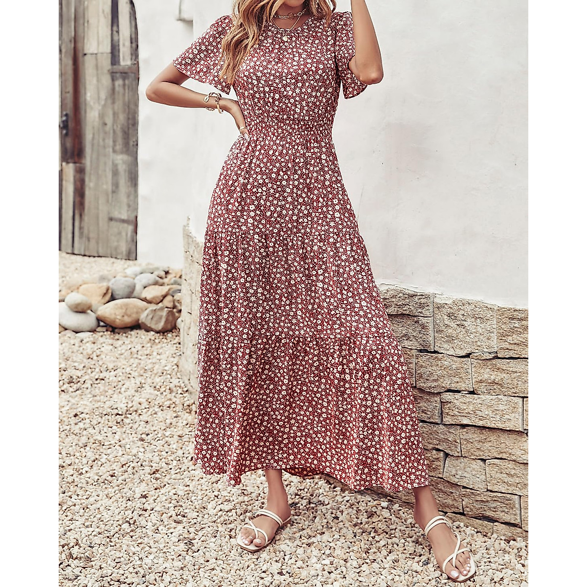 PRETTYGARDEN Women's Summer Casual Short Flutter Sleeve Round Neck Smocked Waist Tiered Boho Floral Flowy Maxi Dress(Floral Red Brown,X-Large)