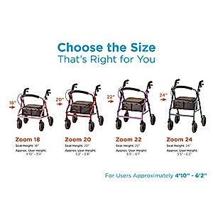 NOVA Zoom Rollator Walker with 22” Seat Height, Rolling Walker with Locking Hand Brakes, Padded Seat and 8” Wheels, Color Red