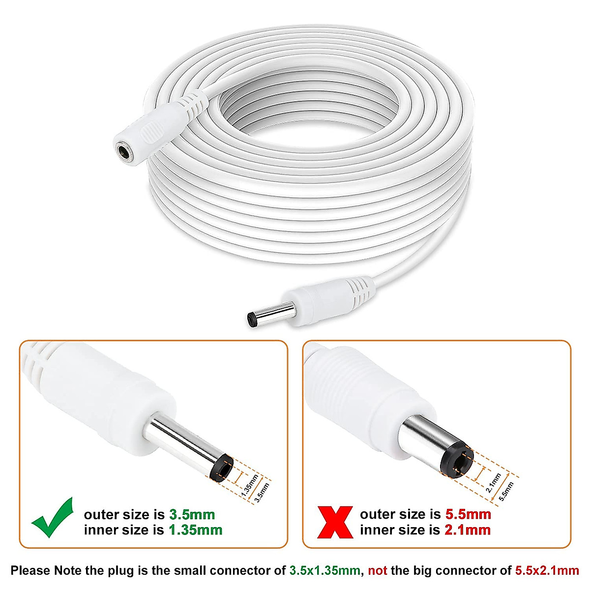 WILDHD DC Power Extension Cable 33ft 1.35mm x 3.5mm Compatible with 5V DC Adapter Cord for CCTV Security Camera IP Camera Standalone DVR (33ft DC3.5mm Plug White)