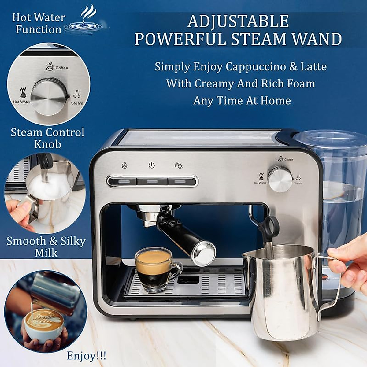 Mixpresso Professional Espresso Machine for Home 15 Bar with Milk Frother Steam Wand, Espresso Maker with Double-Cup Splitter, 1450w Fast Heating Cappuccino & Latte machine 37Oz Water Tank