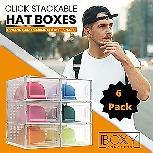Boxy Concepts Plastic Hat Organizer for Baseball Caps (6-Pack) Easy Assembly, Stylish, Dust-Proof, Transparent, Stackable with Odor Vents. Ideal Holder, Case or Hat Rack Storage System 13” x 5.5” x 9”