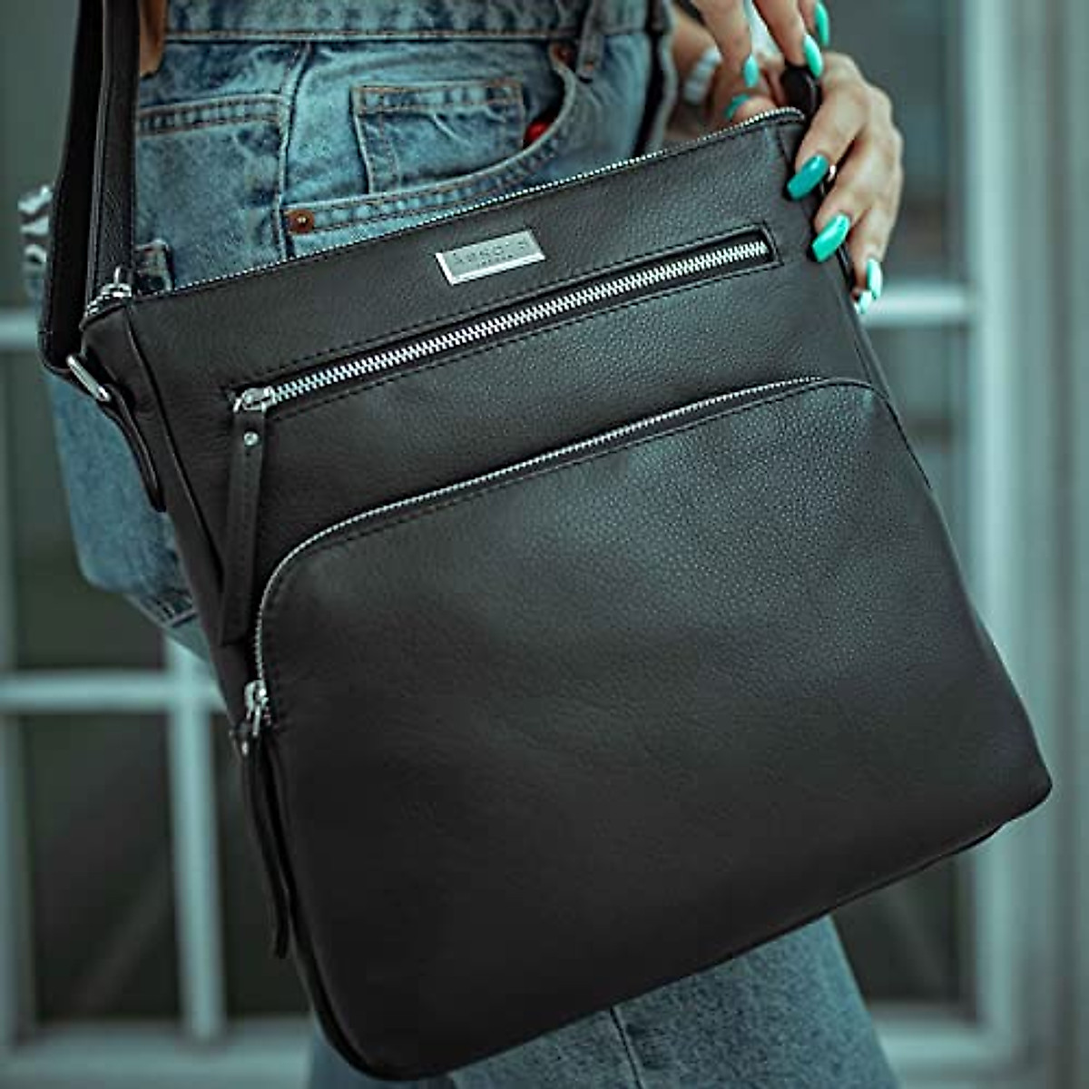 ASSOTS Genuine Leather Crossbody Bag for Women – Triple Zip Crossover Purse Travel Bag Fits iPad Pro 11” (AGATHA - Black Pebble Grain)