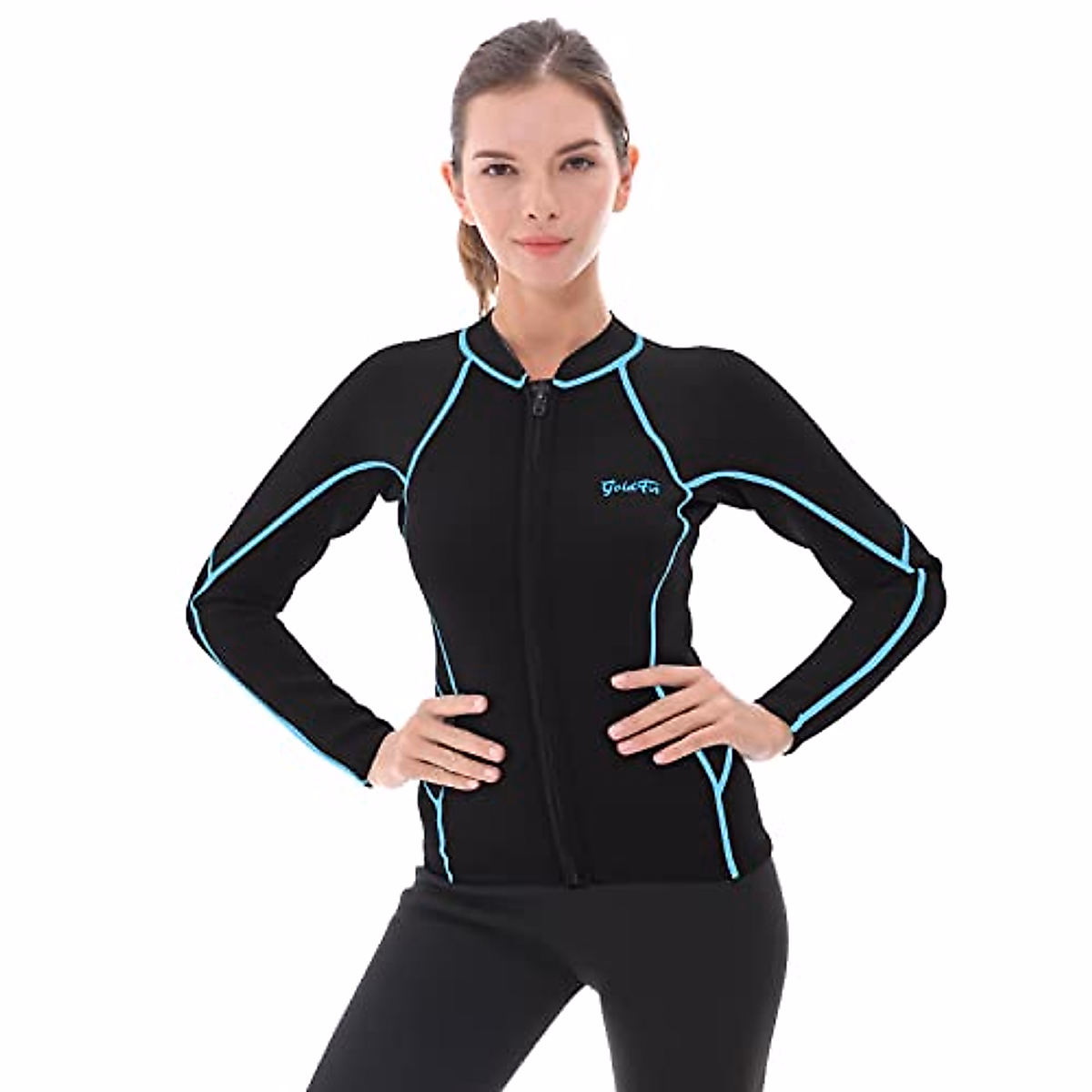 GoldFin Womens Wetsuit Top, 2mm Neoprene Wetsuit Jacket Ladies Long Sleeve for Water Aerobics Diving Surfing Kayaking (Update Black/Stripes, M)