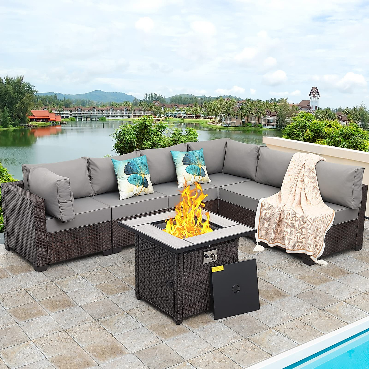 Rattaner 7 Pcs Outdoor Sectional Patio Couch 50000 BTU Wicker Propane Fire Pit Table Outdoor Furniture Set with 30 Inches Fire Pit with No-slip 5" Cushions and Waterproof Covers, Grey