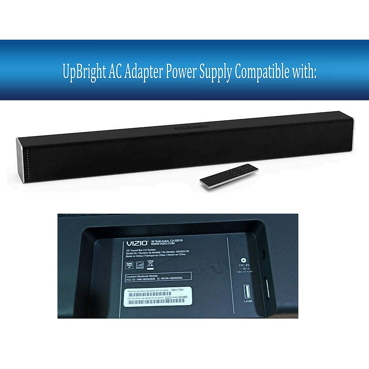 UpBright 16V AC/DC Adapter Compatible with VIZIO Sound Bar Model SB2920-D6 SB2920D6 SB2920-D6C-RB 2.0 Channel 29" Bluetooth SoundBar Speaker System 16VDC DC16V 16.0V Power Supply Cord Battery Charger
