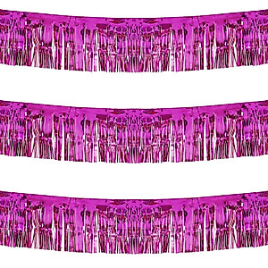 Blukey 10 Feet by 15 Inch Fuchsia Foil Fringe Garland - Pack of 3 | Shiny Metallic Tinsel Banner | Ideal for Parade Floats, Bridal Shower, Wedding, Birthday, Christmas | Wall Hanging Drapes