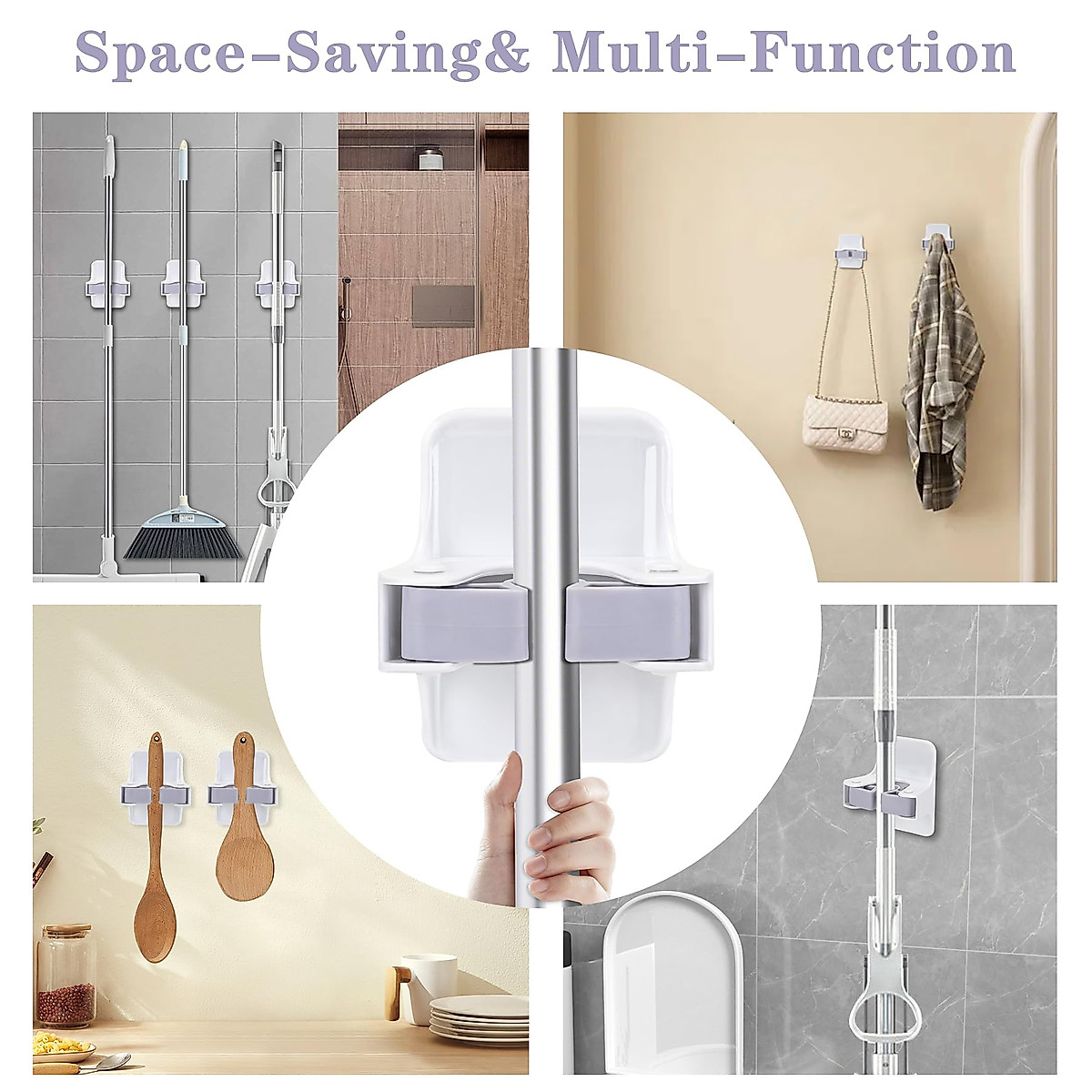 Thidawang Broom Holder Wall Mount Broom Hanger Wall Mount Laundry Room Organization Mop Holder Wall Mount Camper Must Haves Home Organization Broom and Mop Organizer Wall Hanging (White)