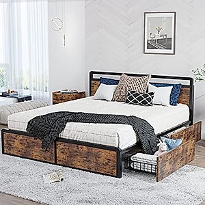 LIKIMIO Queen Bed Frame with Storage, Adjustable Headboard and 4 Drawers, Sturdy and Practical, No Noise, No Box Spring Needed, Easy Assembly, Vintage Brown