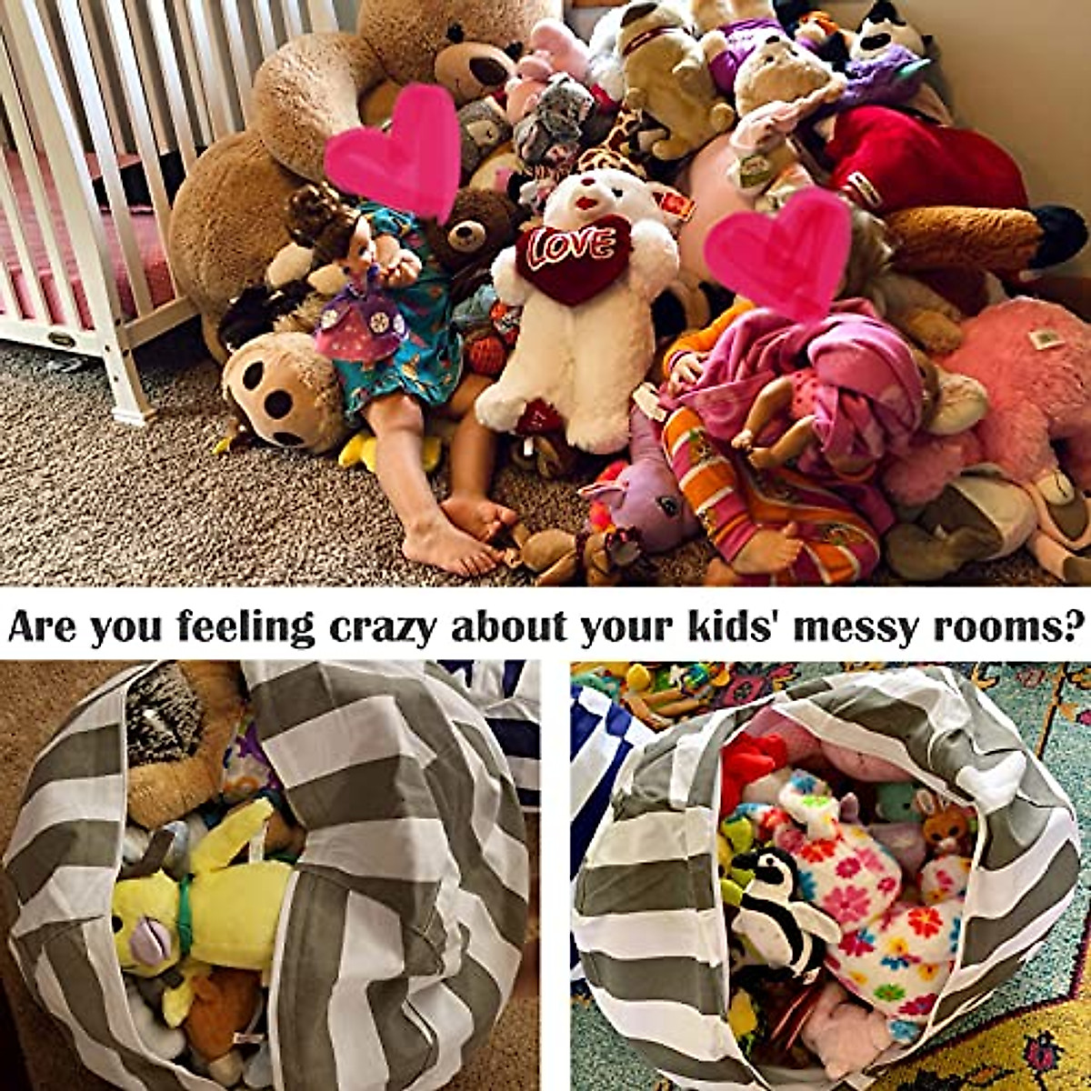 3-pack Stuffed Animal Storage Bean Bags for Kids Room 23" Empty Animal Beanbag Chair Covers Only Small Stuffed Animal Storage for Toddlers, Children, Boys, Girls Kids Room Decor, White Grey Stripes