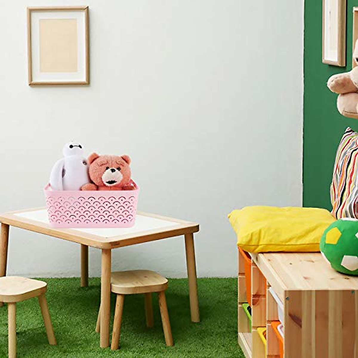 STARVAST 5 Pack Plastic Storage Baskets, Portable Pink Fish Scale Pattern Hollow Desktop Storage Bin Box with Handle for Kitchen, Bathroom, Kids Room or Nursery Storage – 9.4 x 7.1 x 4.1 inches