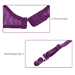 Lace Garter Belt Suspender Straps Sexy Sheer Mesh High Waisted Lingerie Panty Thong 4 Metal Clips for Thigh Hold up Tights (Purple)
