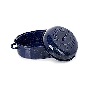 IMUSA USA 18" Traditional Vintage Style Blue Speckled Enamel on Steel Covered Oval Roaster