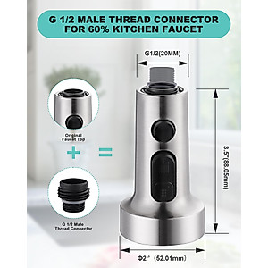 Pull Down Faucet Head Replacement: 3-Function Kitchen Faucet Sprayer Head Replacement with 9 Adapters - Brushed Nickel Sink Faucet Head Compatible with Moen, Delta, American Standard Faucets