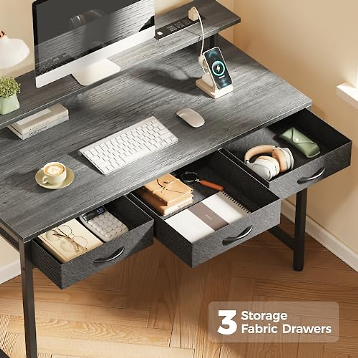 Huuger 47 inch Computer Desk with 3 Drawers, Office Desk Gaming Desk with LED Lights & Power Outlets, Home Office Desks with Storage Space for Bedroom, Work from Home, Gray