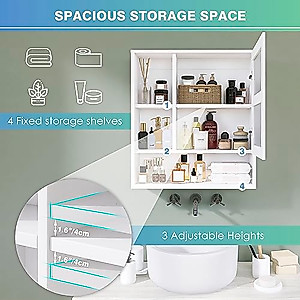 SMIBUY Bathroom Mirror Cabinet Wall Mounted, Bamboo Space Saver Medicine Cabinet, Wall Hanging Over Toilet Storage Cabinet with Mirror Door and Adjustable Shelf (White)