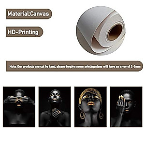 African American Wall Art Painting Black Woman Fashion Pop Gold Earrings Necklace Black Set of 4 (8”X10” Canvas Picture) Pretty Girl Room Poster Art Painting Bedroom or Room for Home Decor No Frame