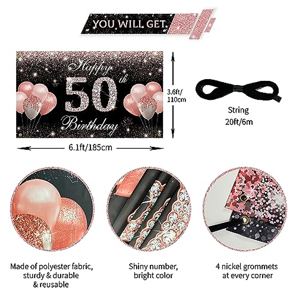 HTDZZI 50th Birthday Banner Backdrop, Happy 50th Birthday Decorations for Women Rose Gold, Fabulous 50 Year Old Birthday Party Yard Sign Photo Booth Props Background Decor Supplies, Fabric