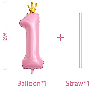 40 Inch Crown Pink Number 1 Balloon, Big Conjoined Baby Pink Foil Mylar Helium 1 Balloon | Girls 1st Birthday Balloon Pink Princess Theme Baby Shower First Birthday Party Decorations Supplies