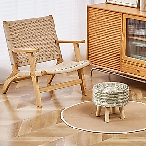 Cpintltr Round Ottoman Natural Seagrass Footstool Poufs Hand Weave Eco Friendly Sofa Foot Stool Soft Step Stool Boho Accent Padded Foot Rest with Pine Legs for Living Room Bedroom Mixed Green