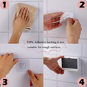 RAMFIYN White Plastic Wall Mounted Soap Saver for Shower with Hanger for Bath Ball, Adhesive Wall Mount Self Draining Soap Dish for Bathroom Flip-top Soap Box