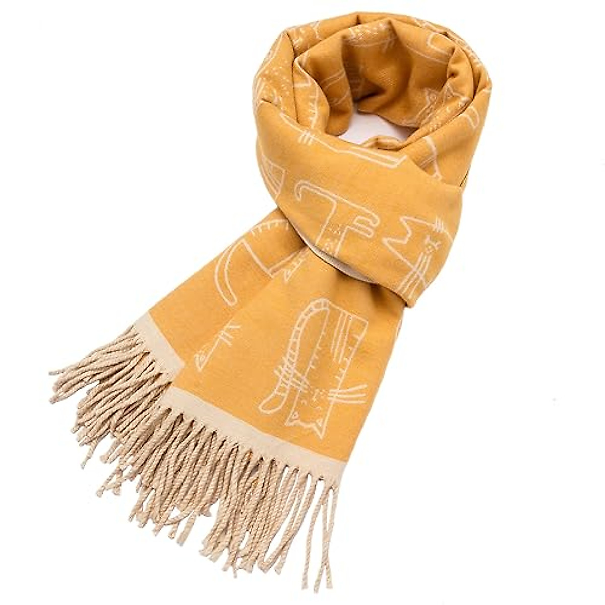 Women's Fringed Scarf Cat Print Pattern Cape Winter Cashmere Feel Shawl Warm Wrap Cat Yellow