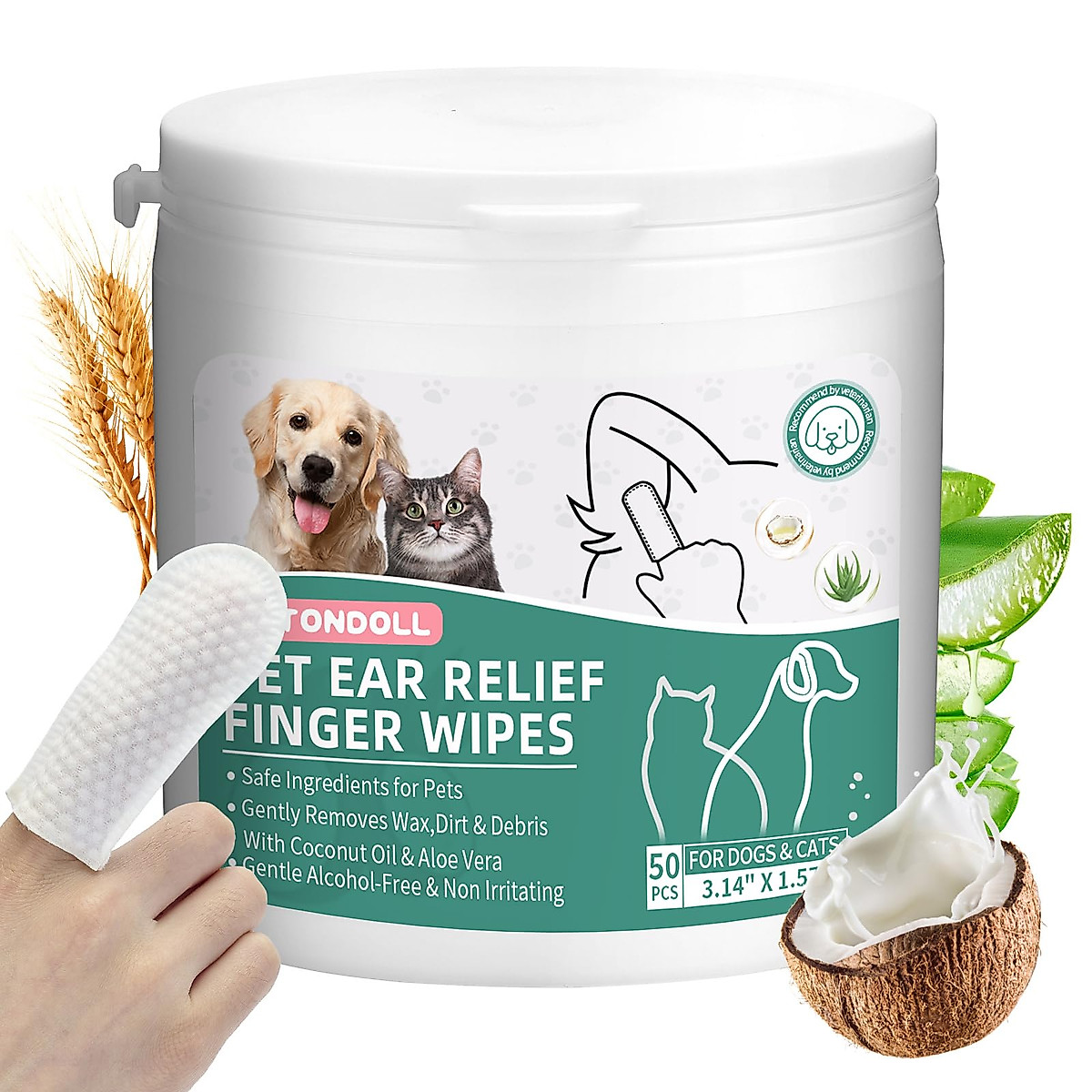 ANTONDOLL Dog Ear Cleaner Finger Wipes - Grooming Kit Care for Dogs and Cats Regular Soothing Odor Control Reduce Dirt Wax Build Up Pet Supplies Easy to Use Fresh Coconut Scent 100 Pcs
